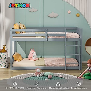 JOYMOR Twin Over Twin Bunk Bed for Kids Children Teens, Solid Wood Bunk Bed Frame with Ladder and Guard Rail Space Saving Beds Frames for Bedroom, Gray (Mattress not Included)