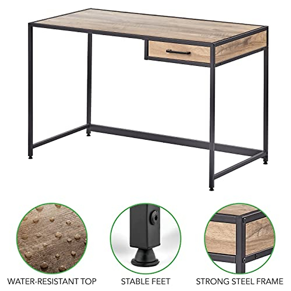 mDesign Metal & Wood Sturdy Home Office Desk with Righthand Drawer - Computer Desk, Home Office Writing, Small Desk, Modern Simple Style PC Table - Black Metal Frame/Gray Wash Wood Top