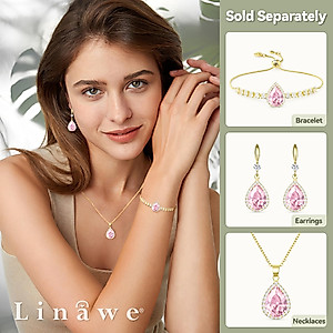 Linawe Pink Crystal Pendant, Gold Chain Imitation Diamond Cubic Zirconia Birthstone Rhinestone Teardrop Necklace, Preppy Bridal Wedding Bride Bridesmaids Boho Jewelry Set