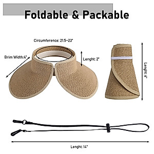 Beach Hats for Women Foldable Womens Visor Sun Hat Womens Wide Brim Hats for Women Fashionable Hats with Ponytail Hole On Top UV Protection Fishing Hat, Natural