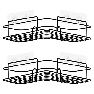 Navaris Self Adhesive Shower Caddy - Set of 2 Bathroom Organizer Shelves for Corner Wall of Bath - Toiletry Shampoo Storage Rack Holder - Black