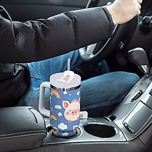 Wusikd Pig Face Tumbler Handle Lid and Straw Rainbow Clouds Water Bottle Stainless Steel Coffee Travel Tumbler Mug Cup Gifts for Men Women 30oz