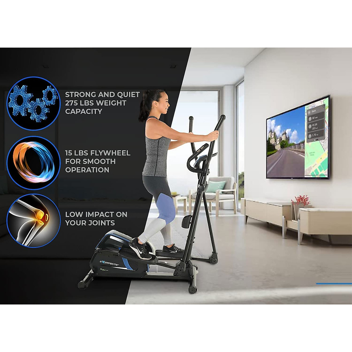 Exerpeutic Magnetic Flywheel Elliptical Trainer Machine for Home Gym with Natural Elliptical Motion, Bluetooth MyCloudFitness Tracking and Pulse Rate Grips, Black Blue