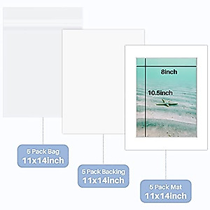 AUEAR, 5 Pack White 11X14 Bevel Cut White Core Picture Mat for 8.5X11 Photo/Print/Artworks - 5 Pre-Cut Acid Free Picture Frame Mat + 5 Backing Board + 5 Clear Bag