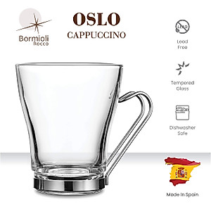 Bormioli Rocco OSLO Glass Coffee Mug - 7 ½ Ounce Espresso Cups (4 Pack) with Metal Handle Perfect Tea Glasses for hot and cold beverages, Thermal Shock Resistant, Tempered Glass, for Latte, Cappuccino