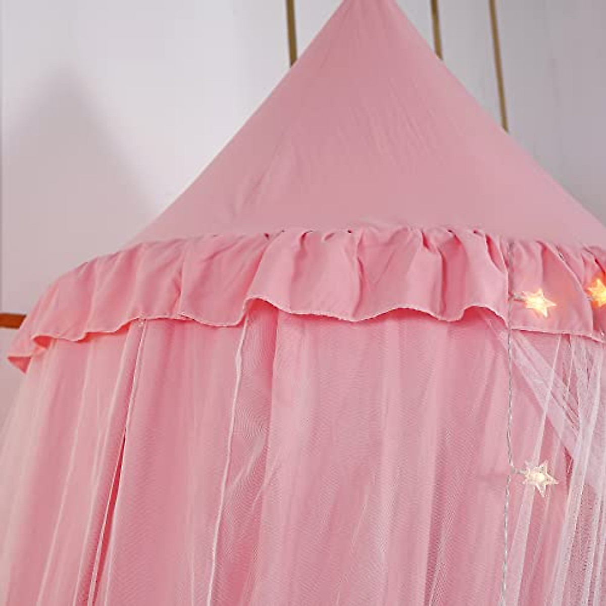 Mengersi Bed Canopy for Girls with Stars String Lights,Double Sheer Mesh Lightproof Canopy Bed Curtains Bed Netting-Extra Large for Twin Full Queen King Bed,Castle Play Tent Hanging House Décor