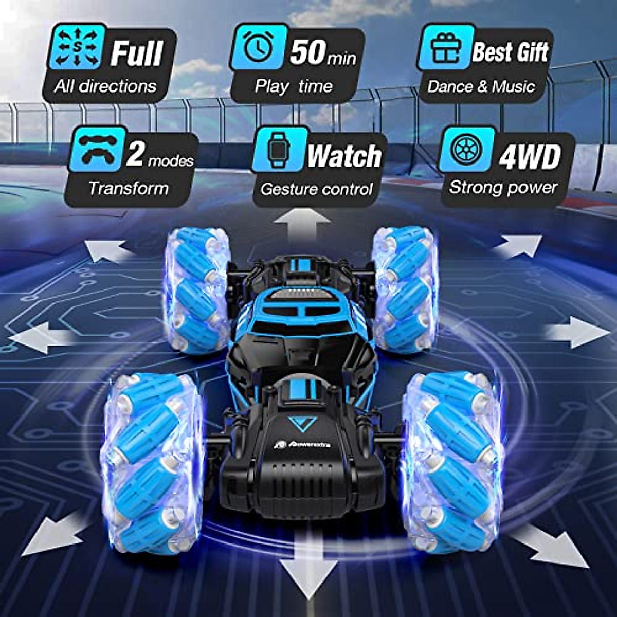 Powerextra RC Stunt Car Toys for 6-12 Year Old Kids - Big Size 4WD Remote Control Car - Gesture Sensor - Double Sided Rotating RC Car - Lights, Music - Perfect for Boys & Girls' Birthday