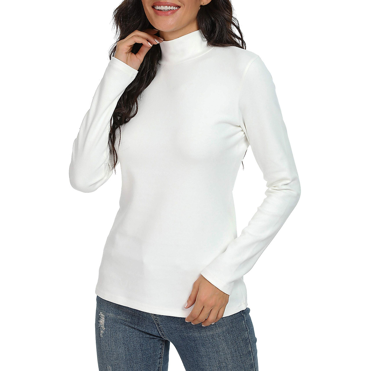 Udobana Women's Mock Turtleneck Cotton Basic Thermal Tops White Large