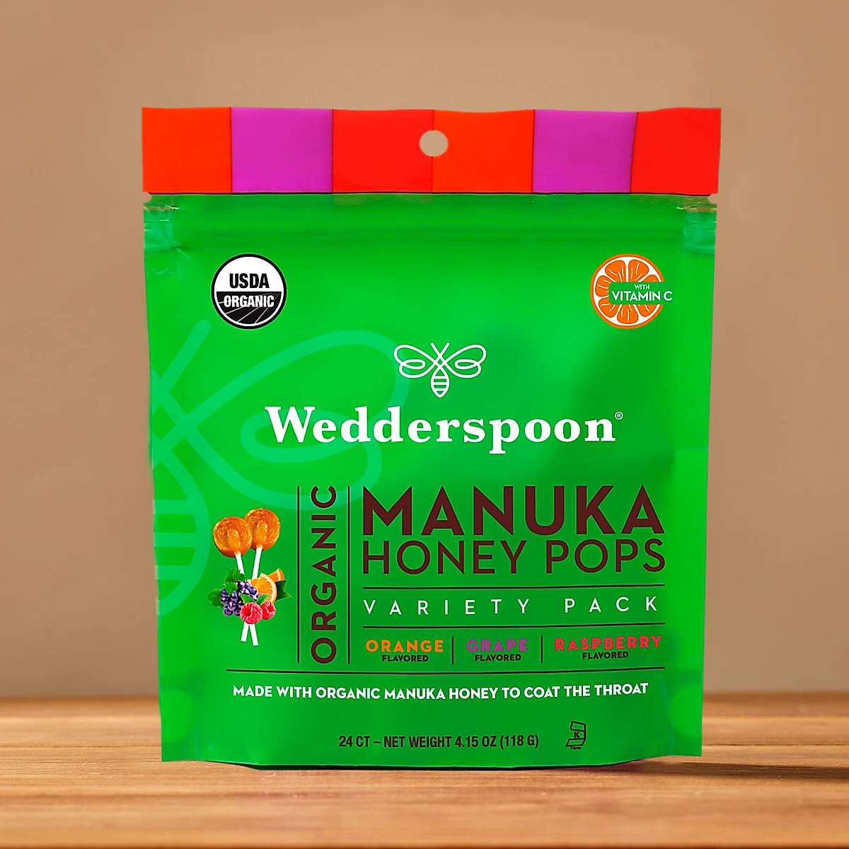 Wedderspoon Organic Manuka Honey Vitamin C Lollipops Variety Pack, 24 Count - No Artificial Flavors or Dye