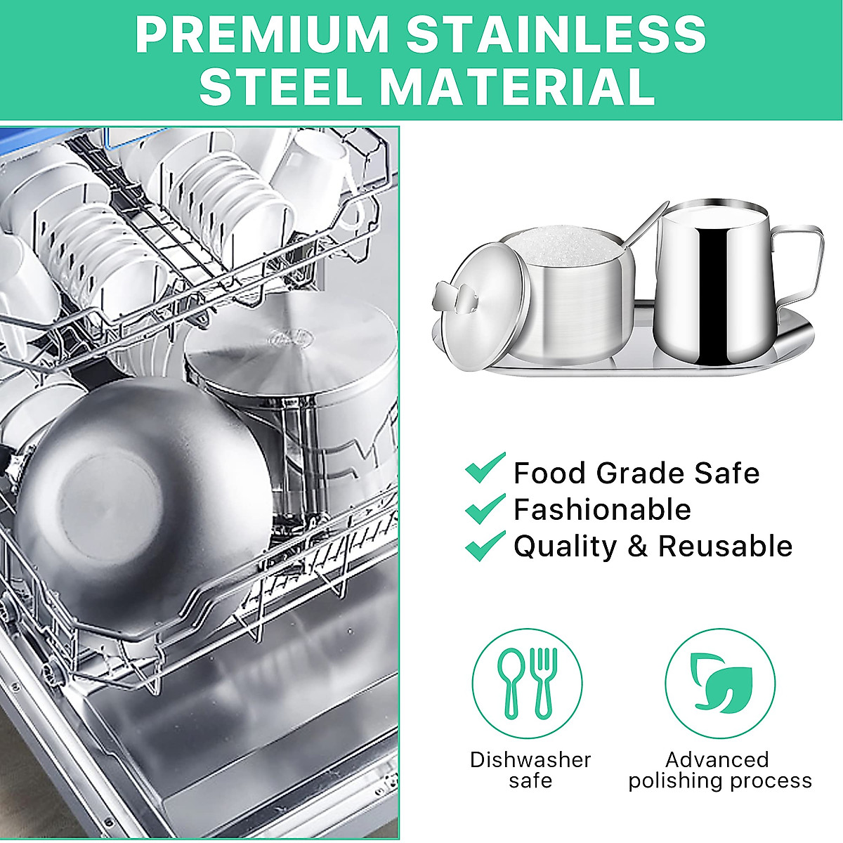 Worldity Stainless Steel Sugar and Creamer Set, Coffee Sets for Serving, Latte Milk Cup Cream Jug and Sugar Bowl with Lid Spoon Tray for Coffee Bar