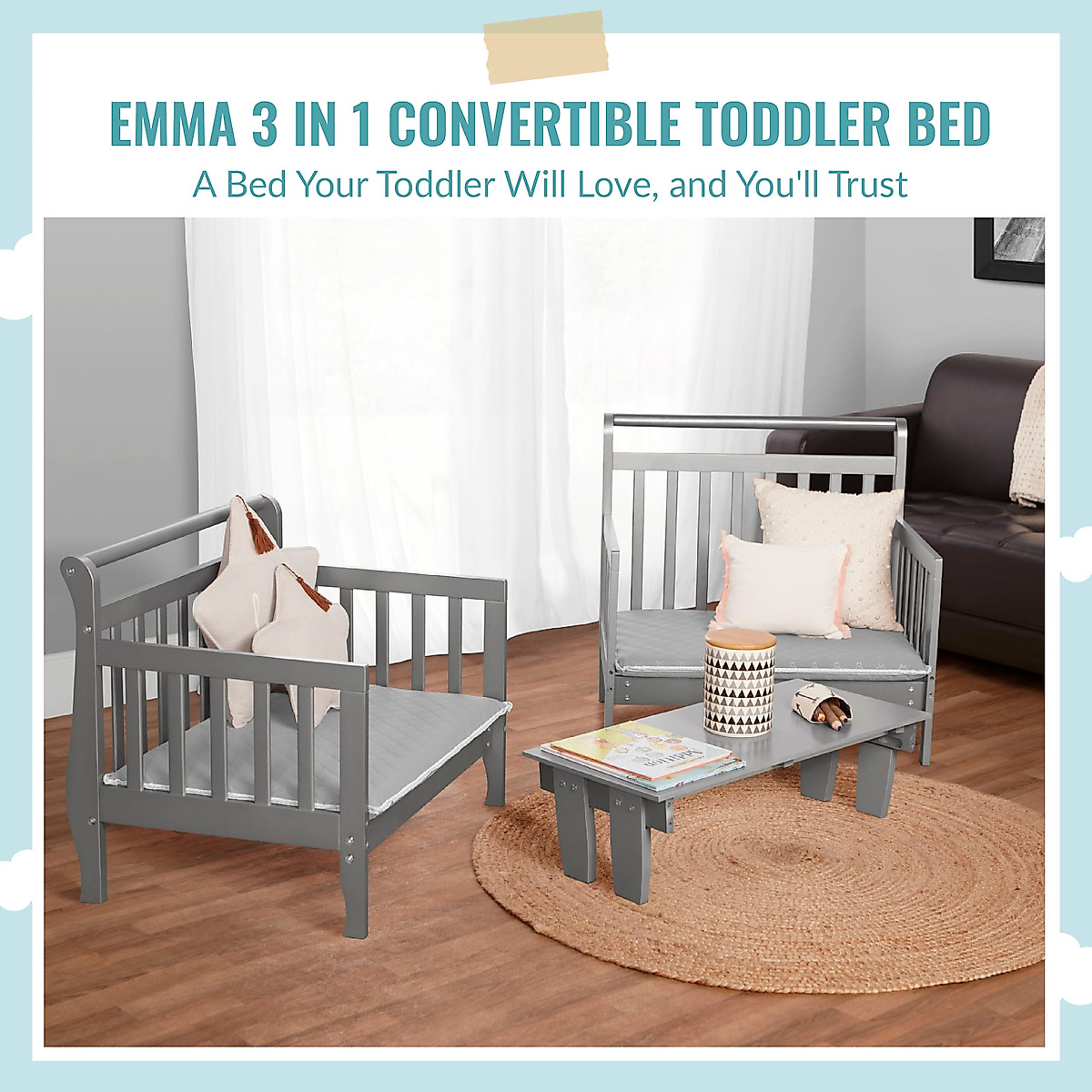 Dream On Me Emma 3-in-1 Convertible Toddler Bed in Storm Grey, Converts to Two Chairs and-Table, Low to Floor Design, JPMA Certified, Non-Toxic Finishes, Safety Rails