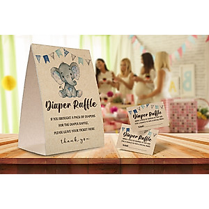 Kraft Paper Diaper Raffle Sign,Diaper Raffle Baby Shower Game Kit (1 Standing Sign + 50 Guessing Cards),Elephant Bunting Raffle Insert Ticket,Baby Showers Decorations-NPZ04