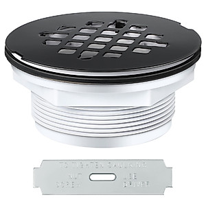 4-1/4" OD Shower Drain Assembly, Snap in Shower Base Drain and Matte Black Round Grid Strainer Cover, Fits 2 in. Schedule 40 ABS and PVC Pipes, Stainless Steel Cap, ABS Drain Base