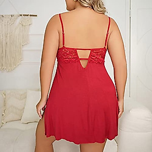 Women Plus Size Lingerie Babydoll Side Split Lace Sheer Chemise Sleepwear V Neck Sexy Nighty Lingerie Flowy Nightdress(Wine,XX-Large)