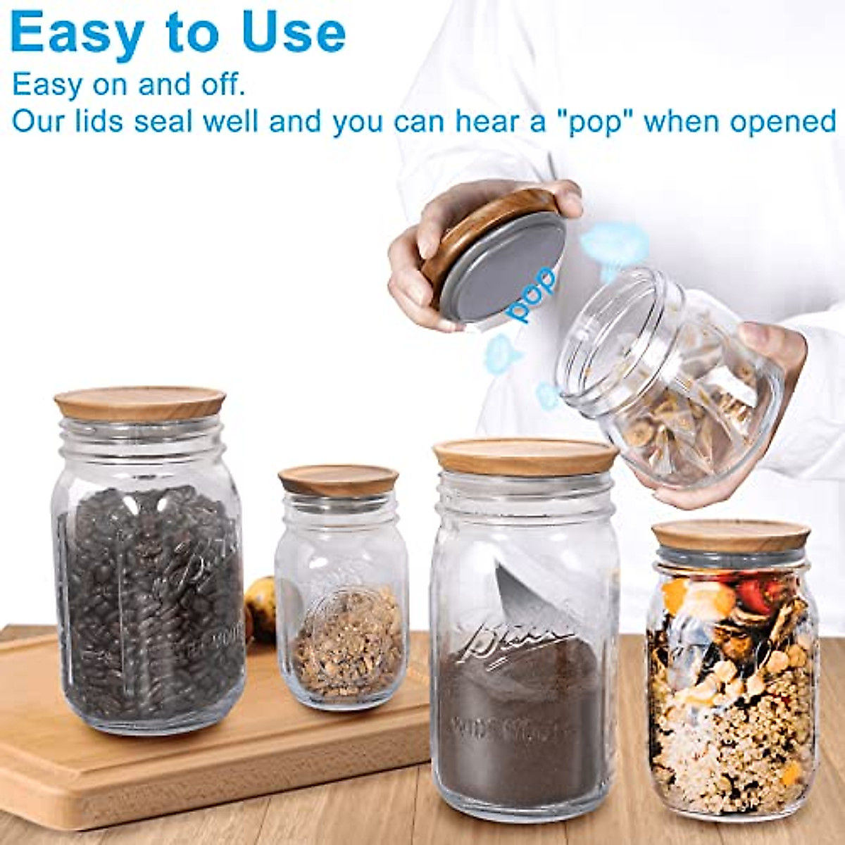 6 Pack Mason Jar Wooden Storage Lids, Reusable Canning Lids, Perfect for Wide Mouth Ball, Kerr, Weck Jars to Stack in Kitchen & Pantry, Food Grade Acacia Wood, BPA-Free, Leak Proof, Airtight