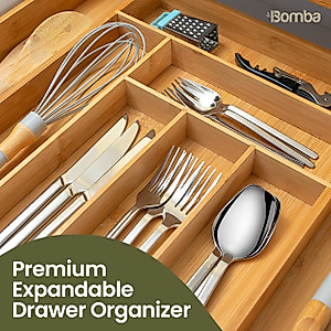 Bomba Bamboo Drawer Organizer – Premium Expandable Drawer Organizer for Cutlery and Kitchen Utensils – Natural Bamboo Wood Flatware and Cutlery Organizer – 8-Grid Silverware Tray for Drawer