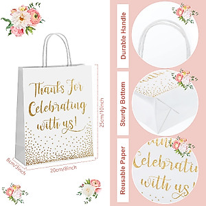 Chinco 30 Pcs Wedding Welcome Gift Bags Hotel Guests Thanks for Celebrating with Us Gold Paper Gift Bag Medium Size Foil with Handle for Bridal Shower Party Favor(White, 10 x 8 x 3 Inch)