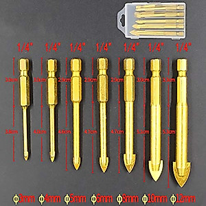 Meichoon Drill Bits Set Triangle Tile 3-12mm 7PCS, Tungsten Carbide Titanium Coated Ceramic Concrete Drilling Tool with Hex Shank for Glass Tile Ceramic Mirror Porcelain Marble DC04