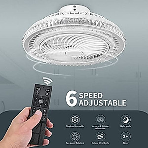 YITAHOME Bladeless Ceiling Fan with Light, 20 Inch Modern Enclosed Chandelier Fan with Dimmable Light, 6 Speeds, DC Motor, Night Light, Wind Cycle, Low Profile Ceiling Fan for Small Space - White