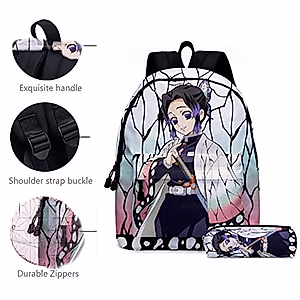 Kanhan-dress Kochou Shinobu Cosplay School Backpack with Pencil Case Anime Backpacks+Keychains Set for Women Men Teens Kids (Kochou Shinobu, 16 INCH)