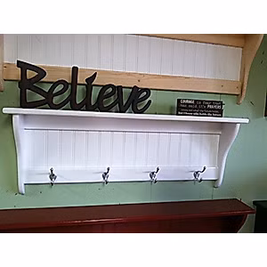36 Inch White Coat Rack Shelf With Satin Chrome Hooks Wall Hanging Shelf