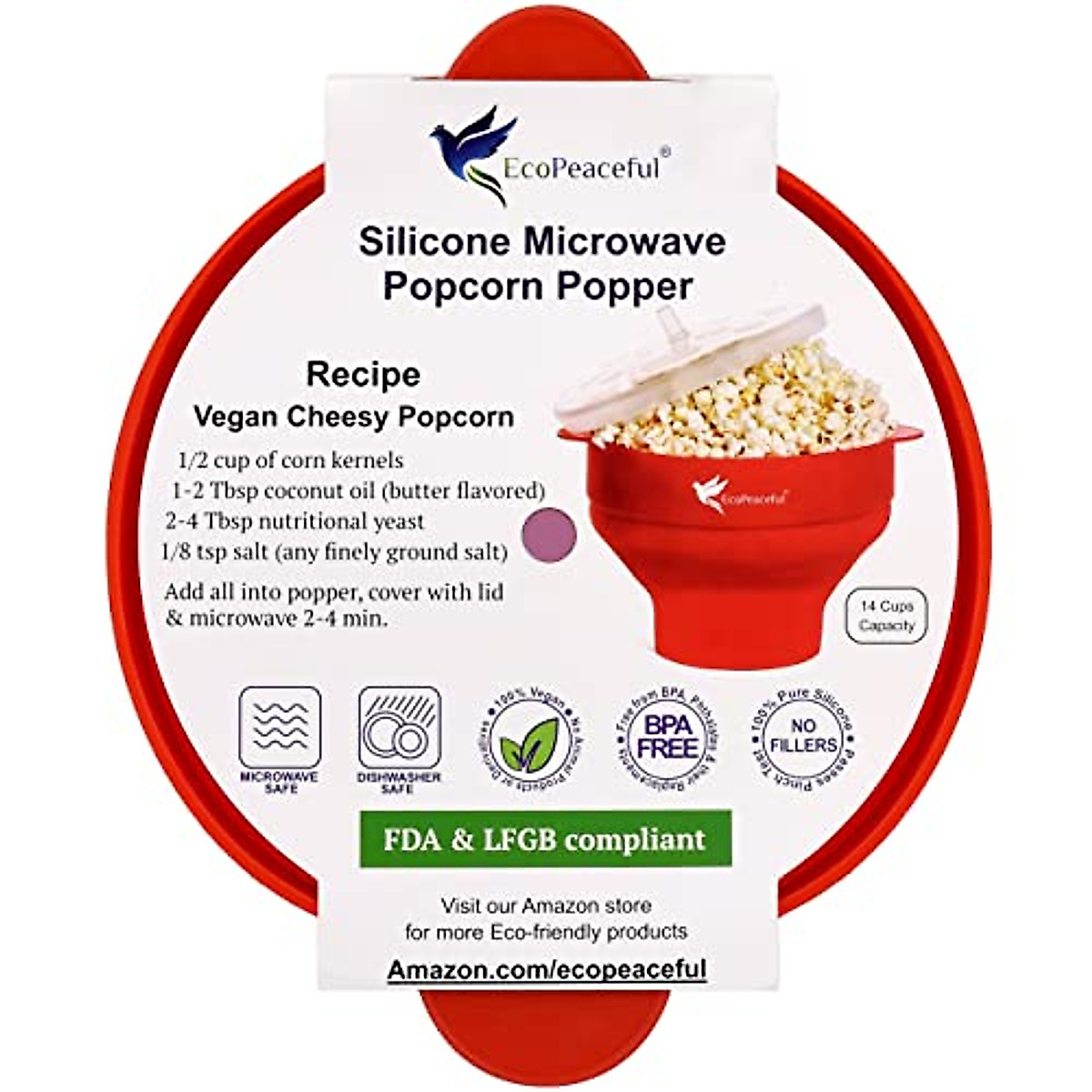 EcoPeaceful Silicone Microwave Popcorn Popper Collapsible Bowl - 100% Pure Silicone - LFGB Food Grade - No Fillers, BPA-free, Vegan, Reusable, Plastic-free, Eco-Friendly