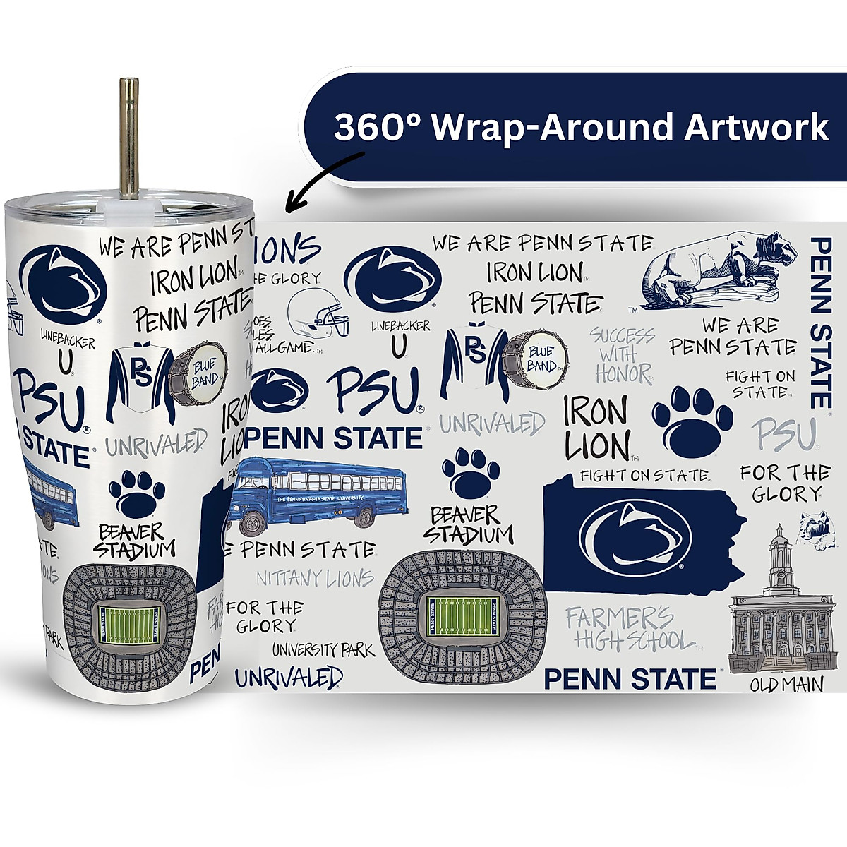 Penn State University 30oz Stainless Steel 3D Icon Travel Mug –High Performance Double-Walled Thermos w/Convertible Lid & Straw –Insulated Decorative NCAA Beverage Tumbler –For Hot or Cold Drinks