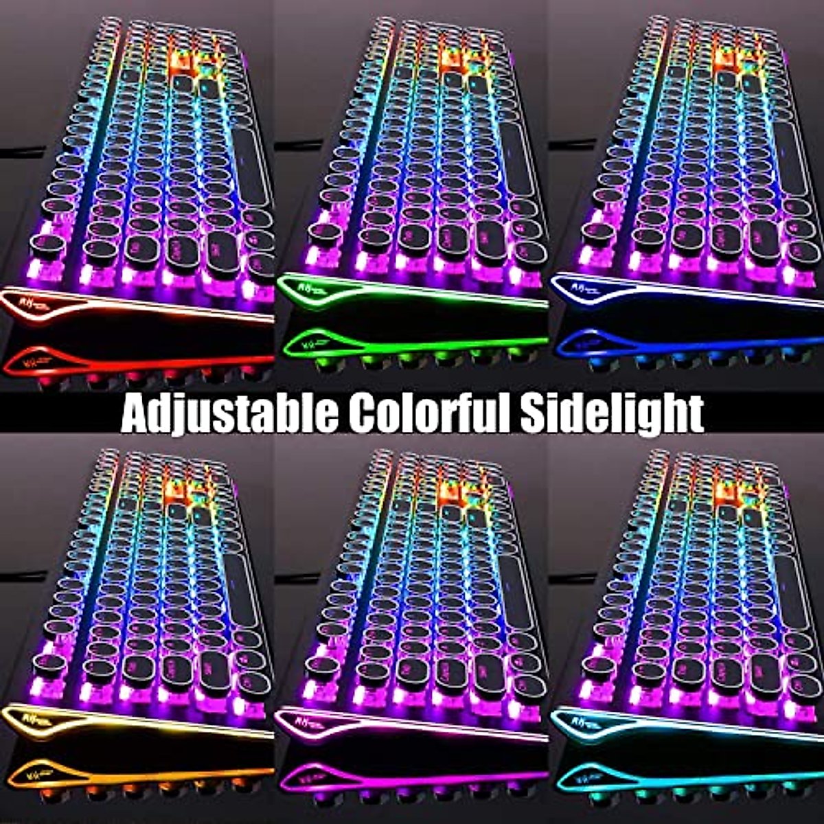 RK ROYAL KLUDGE S108 Typewriter Style Retro Mechanical Gaming Keyboard Wired with True RGB Backlit Collapsible Wrist Rest 108-Key Blue Switches Round Keycap - Black