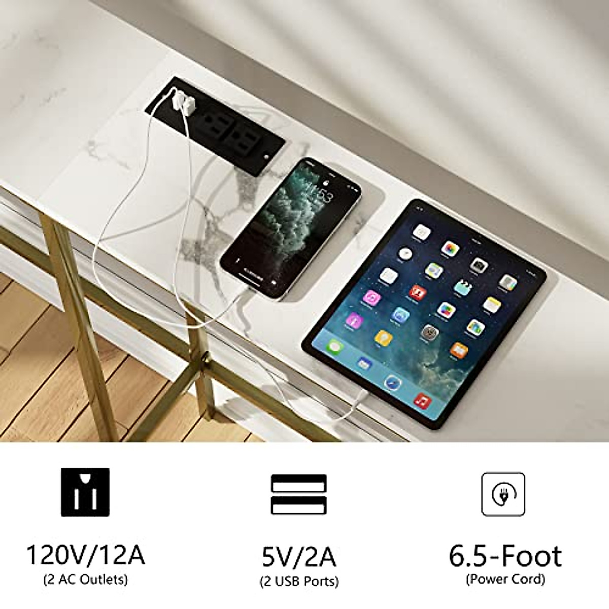 SONGXIN 63 Inch Console Table with Power Outlet,Modern Narrow Long Sofa Table Behind Couch,Skinny Entry Table with Gold Metal Frame for Entryway,Living Room, Hallway,Marble White