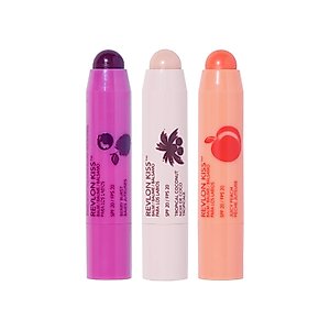 Revlon Lip Balm, Kiss Tinted Lip Balm, Face Makeup with Lasting Hydration, SPF 20, Infused with Natural Fruit Oils, 3 Piece Set, Juicy peach, Berry Burst & Coconut, 0.09 Oz