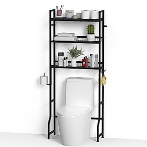 YBING Over The Toilet Rack 3 Tier Bathroom Shelf Over Toilet Storage Organizer Freestanding above Toilet Storage Rack with Metal Frame and Hook Bathroom Stand and Space Saver Shelf,Black