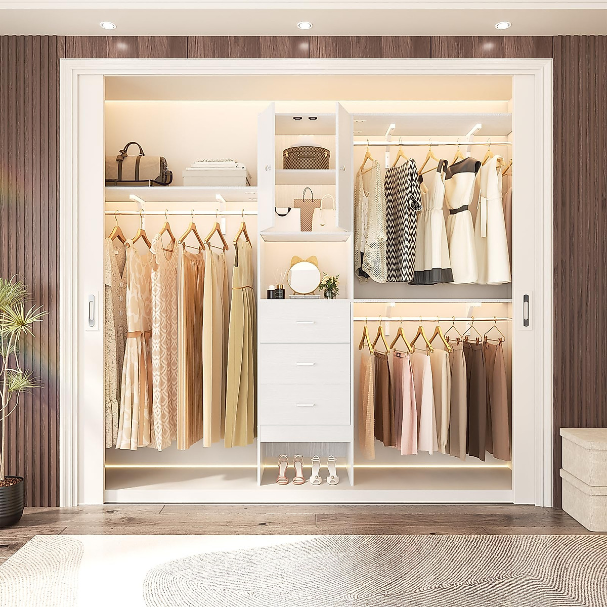 Armocity 96 Inches Closet System with Doors, 8FT Walk In Closet Organizer with 3 Shelving Towers, Heavy Duty Clothes Garment Rack with 3 Wood Drawers, 96" L x 16" W x 80" H, Max Load 1000 LBS, White