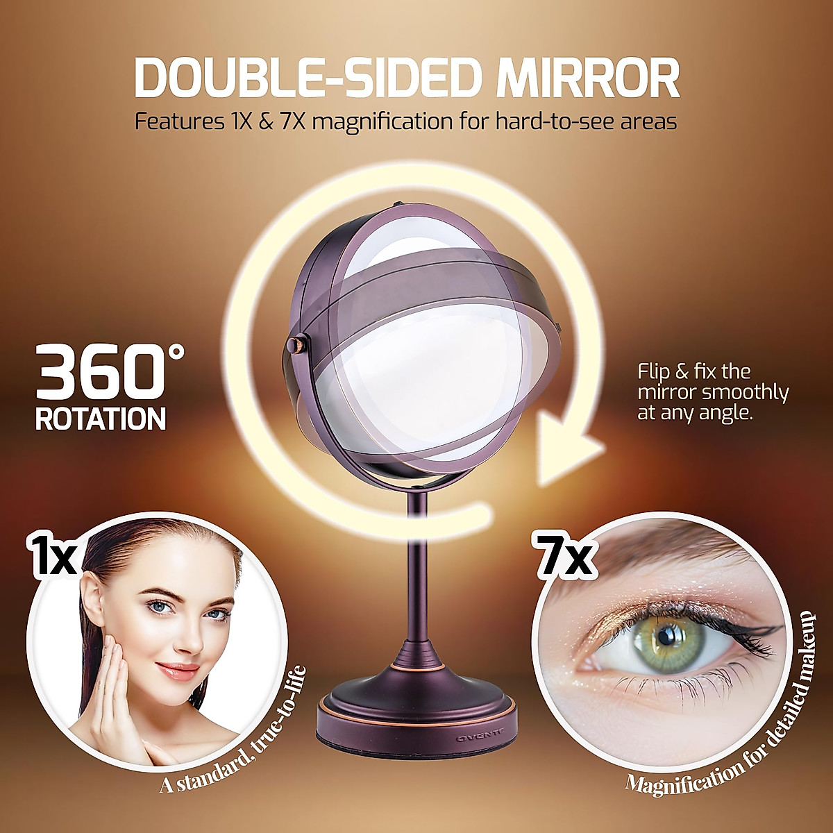 OVENTE 7'' Lighted Makeup Mirror with 1X/7X Magnification, Cordless Tabletop Mount Vanity Mirror with 360° Swivel Design & Double Sided Glow Cosmetic White LED Ring Light, Antique Bronze MCT70ABZ1X7X
