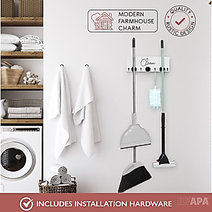 Ilyapa Broom Organizer Wall Mount, Broom and Mop Organizer Wall Hanging, White Wooden Broom Hanger Wall Mount, Kitchen Laundry Room Broom Storage Rack Holder, Farmhouse Broom Organizer with Hooks