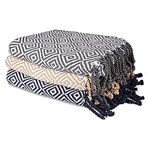 Throw Blanket With Fringes In Diamond Design 50x60 Inch - Charcoal White Cotton Throw For Sofa, Chair, Bed, & Everyday Use, Well crafted for durability, Farmhouse Throw,All Season Throw Blanket