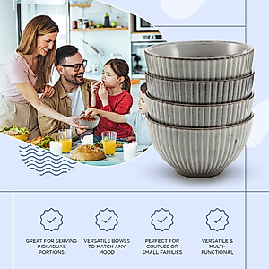 American Atelier Fluted Cereal Bowls | Set of 4 | Stoneware Soup Bowls Set for Kitchen | 22-Ounce Pasta, Ramen, Salad Bowl Set | Reusable, Microwave, and Dishwasher Safe (Gray)