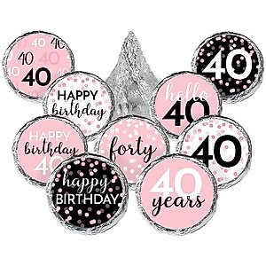 Pink, Black, and White 40th Birthday Party Favor Chocolate Kisses Candy Stickers, Pink Birthday Decorations for Women - 180 Count