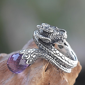 NOVICA Artisan Handmade .925 Sterling Silver Amethyst Cocktail Ring Original Artisan Crafted Dragon with Purple Indonesia Animal Themed Birthstone 'Royal Dragon'