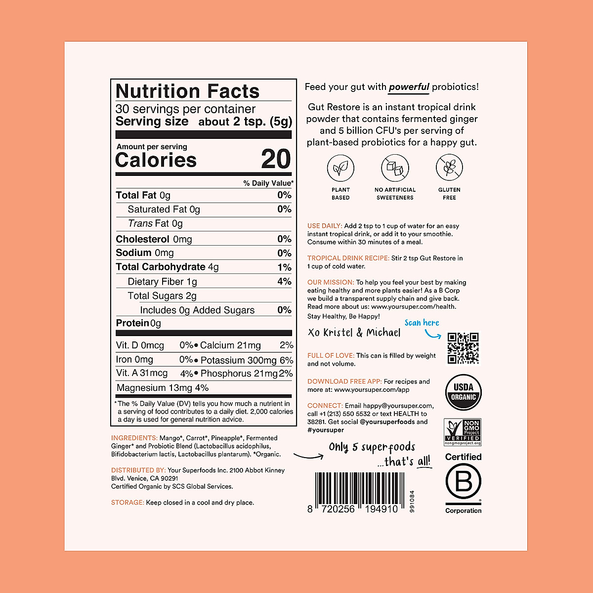 Your Super Gut Restore Superfood Powder – Organic Plant Based Powder with Probiotic Blend, Tropical Superfruit Drink Mix with Digestive Enzymes for Gut Health (30 Servings)