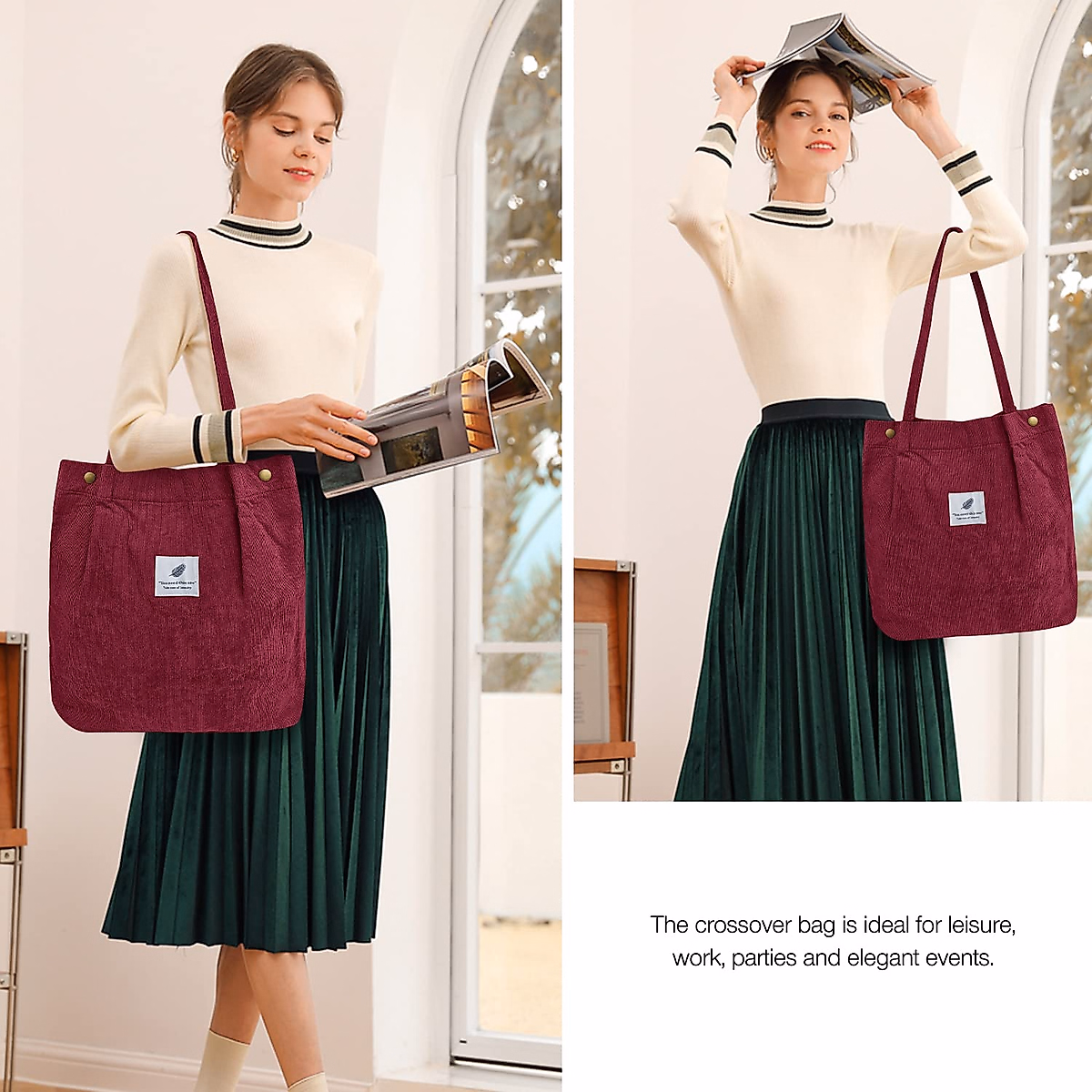 Ndeno Women Tote Bags Grocery Shoulder Bag Corduroy with Inner Pocket for Work Beach Lunch Travel Shopping Shopper Handbags (Armygreen+Merlot), Green