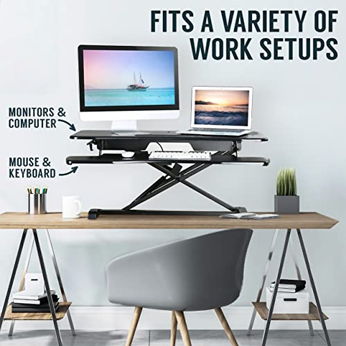 TechOrbits Standing Desk Converter - 32 Inch Adjustable Sit to Stand Up Desk Workstation, MDF Wood, Ergonomic Desk Riser with Keyboard Tray, Desktop Riser for Home Office Computer Laptop, Black 32"