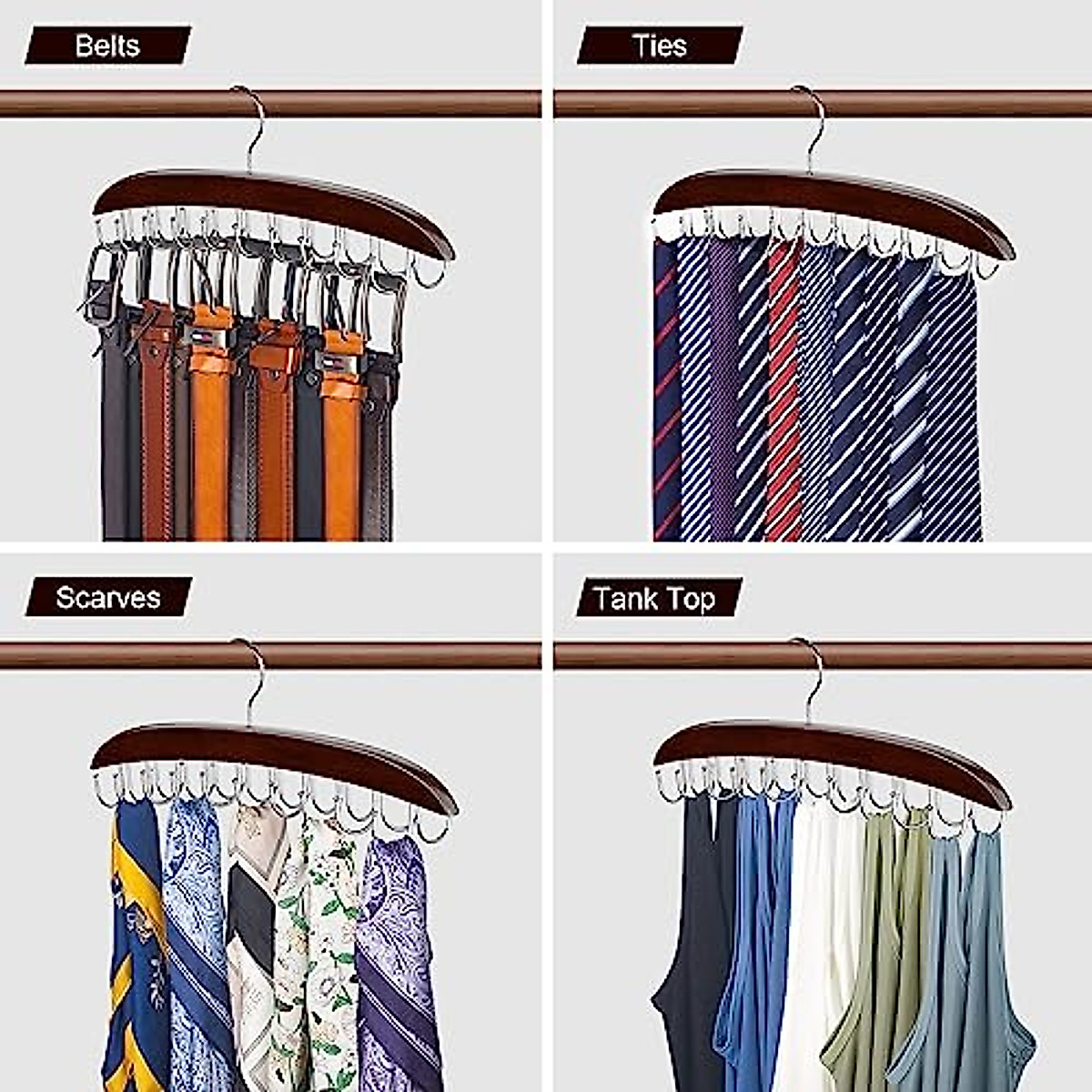 Belt Hanger Organizer, Upgraded Tie and Belt Organizer, 20 Hooks Wooden Belt Rack for Storage, 360°Rotating Space Save Belts Organizer for Tie, Tank Top, Scarf, Stored Up to 60 Belts-Red