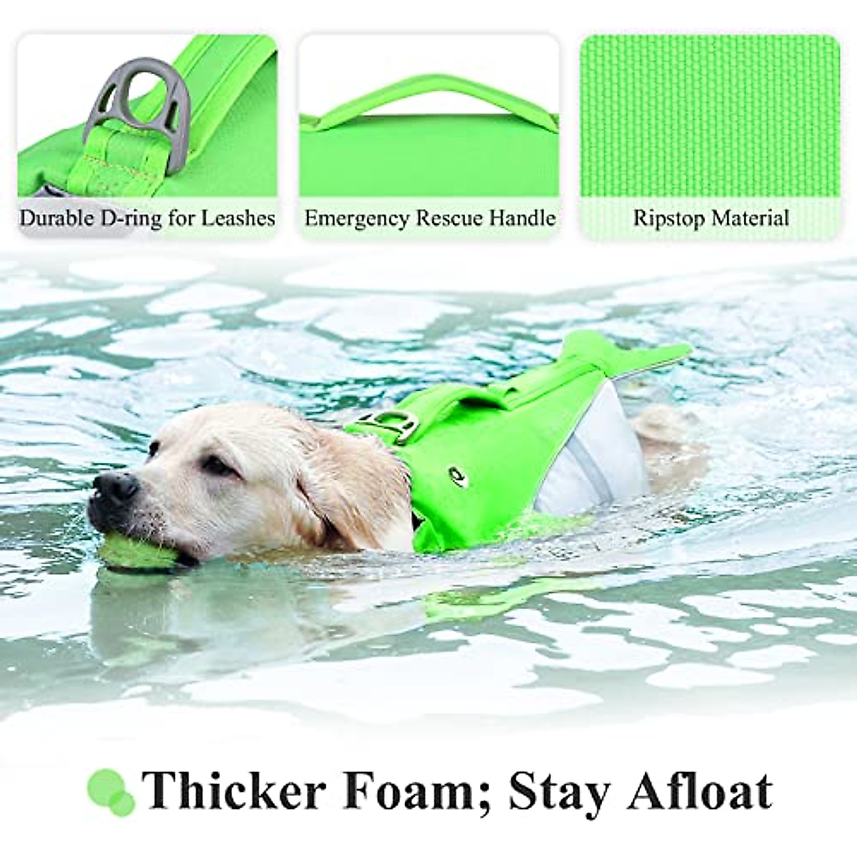 VIVAGLORY Dog Life Vest, New Whale-Shape Sports Style Dog Swimming Jacket Vest with Strong Grab Handle for Emergency Rescue, Bright Green XS