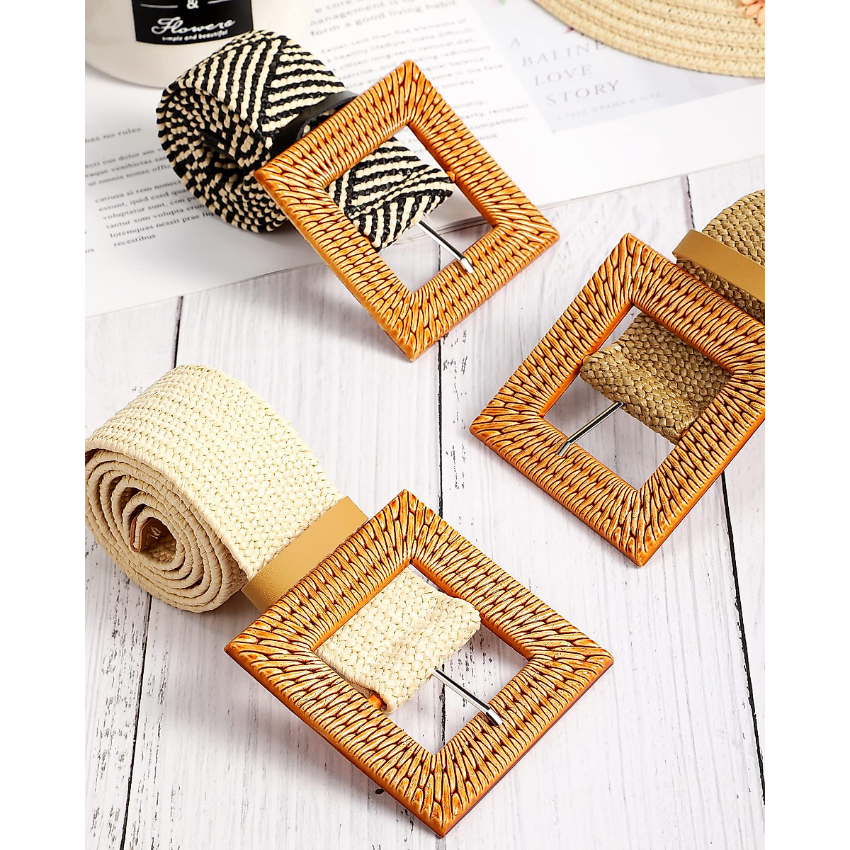 3 Pieces Straw Woven Belt Elastic Stretch Belt Boho Waist Belt Skinny Dress Braided Belt Wooden Buckle for Women