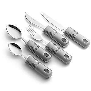 Special Supplies Adaptive Utensils (5-Piece Kitchen Set) Wide, Non-Weighted, Non-Slip Handles for Hand Tremors, Arthritis, Parkinson’s or Elderly Use - Stainless Steel (Grey)