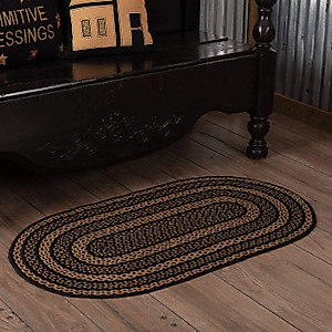 VHC Brands Farmhouse Primitive Jute Black Striped Accent Rug Oval w/Floor Pad 27"x48"