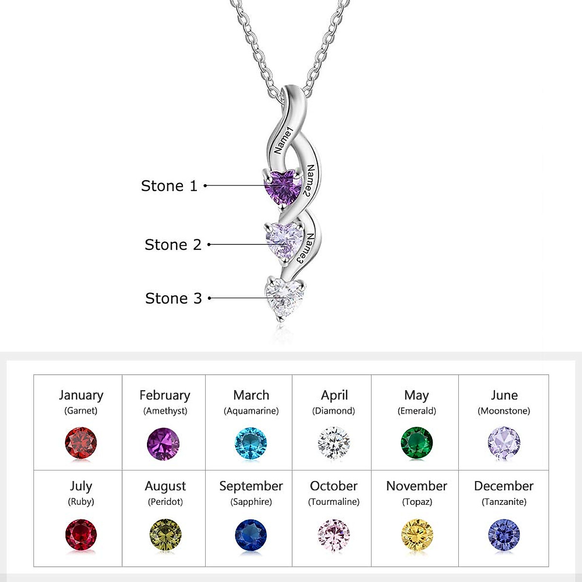 Tian Zhi Jiao Personalized 3 Names Simulated Birthstone Necklace for Mothers Custom Heart Drop Pendant Engraved Name Necklace for Women (Silver)