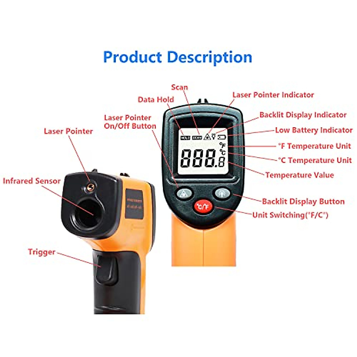Infrared Thermometer Temperature Gun, Digital Thermometer Non-Contact Laser Infrared Ir Thermometer Gun(Not for Human) -58℉～752℉(-50℃～400℃) - Cooking Gun, Freezer Oven Thermometer