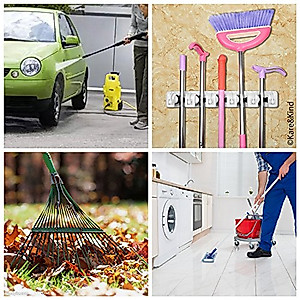 Broom Holder - Wall Mount Tool Organizer Rack - 5 Slots with Automatic Handle Grips - Perfect for Brooms, Mops, Dusters, Rakes, Shovels, etc. - 6 Foldable Hooks for Smaller Tools/Cloths