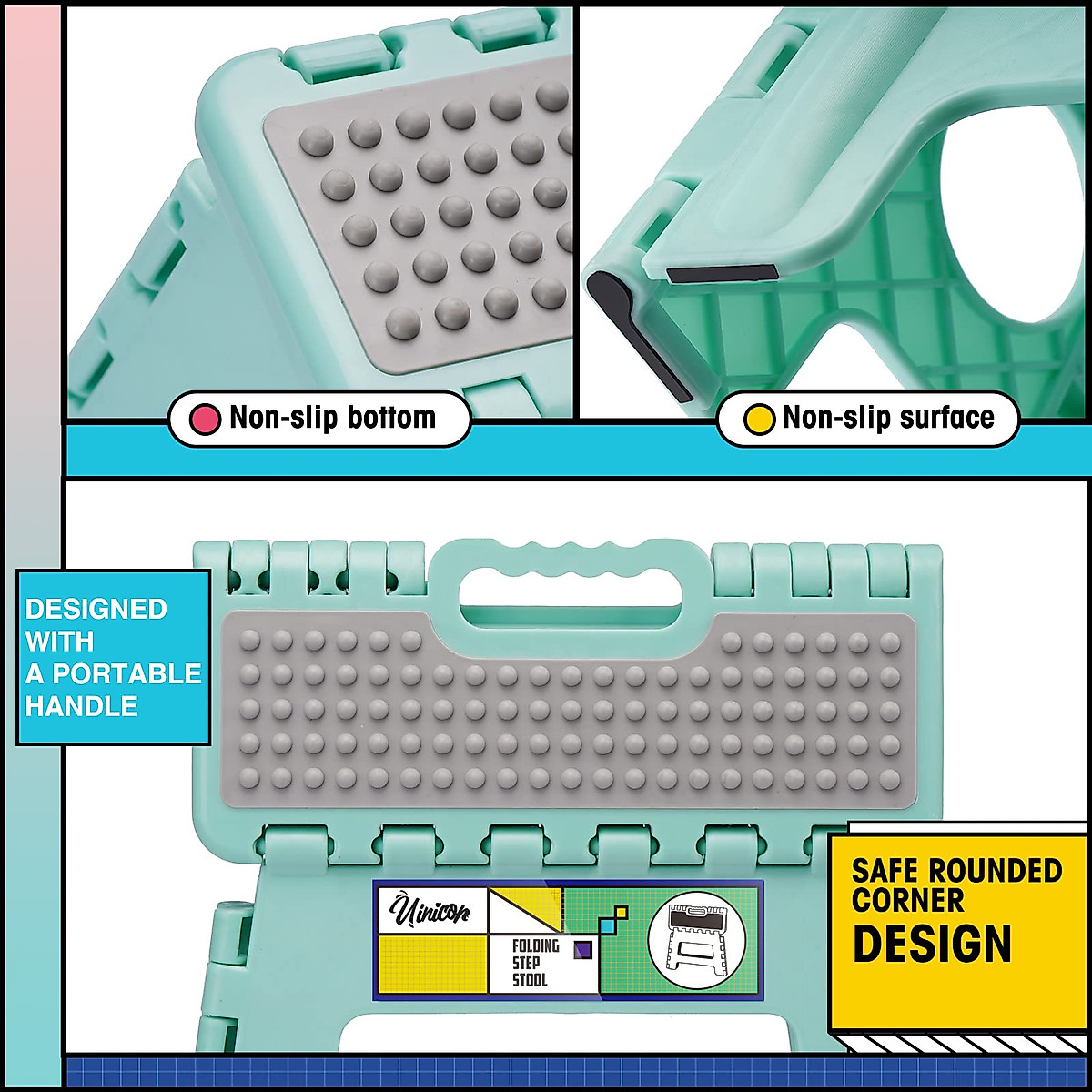 Uinicor 13" Folding Step Stool for Adults and Kids Holds Up to 300 lbs,Non-Slip Folding Stools with Handle, Compact Plastic Foldable Step Stool for Bathroom,Bedroom, Kitchen,Teal 1pc